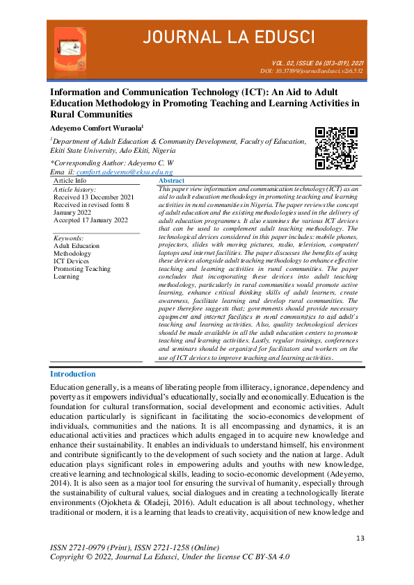 (PDF) Information and Communication Technology (ICT): An Aid to Adult ...