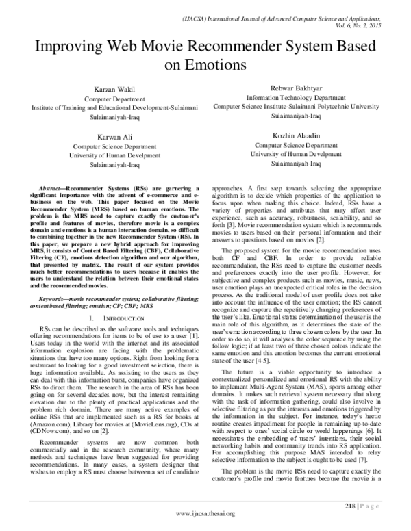 (PDF) Improving Web Movie Recommender System Based on Emotions