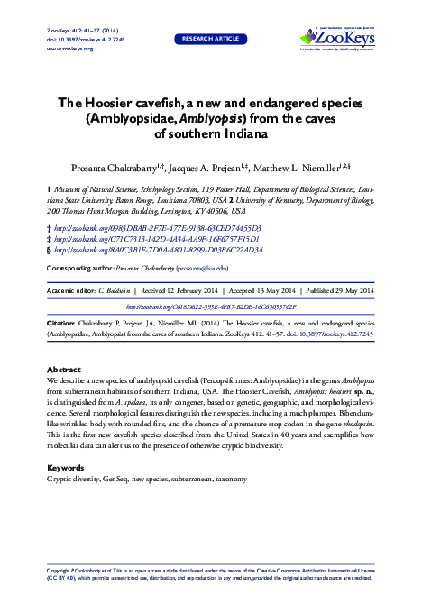 (PDF) The Hoosier cavefish, a new and endangered species (Amblyopsidae ...