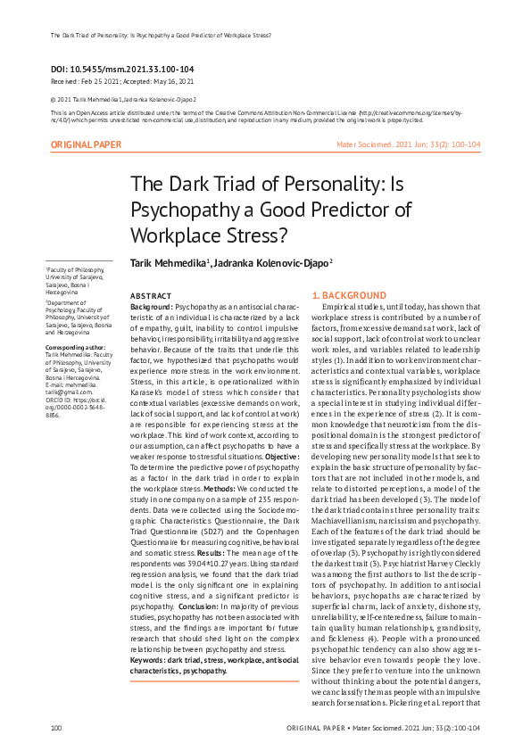 (PDF) The Dark Triad of Personality: Is Psychopathy a Good Predictor of ...