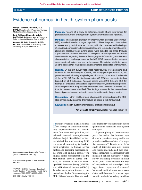 (PDF) Evidence of burnout in health-system pharmacists