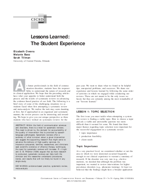 (PDF) Lessons Learned: The Student Experience