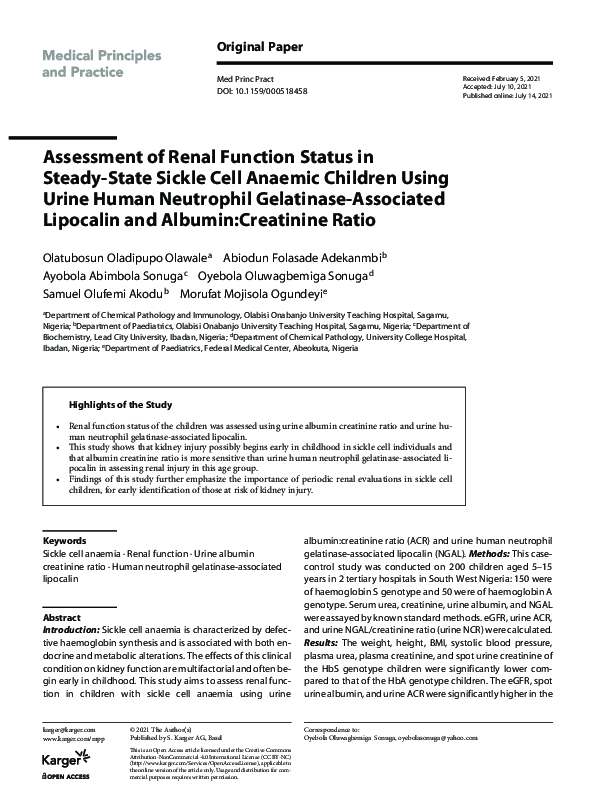 (PDF) Assessment of Renal Function Status in Steady-State Sickle Cell ...