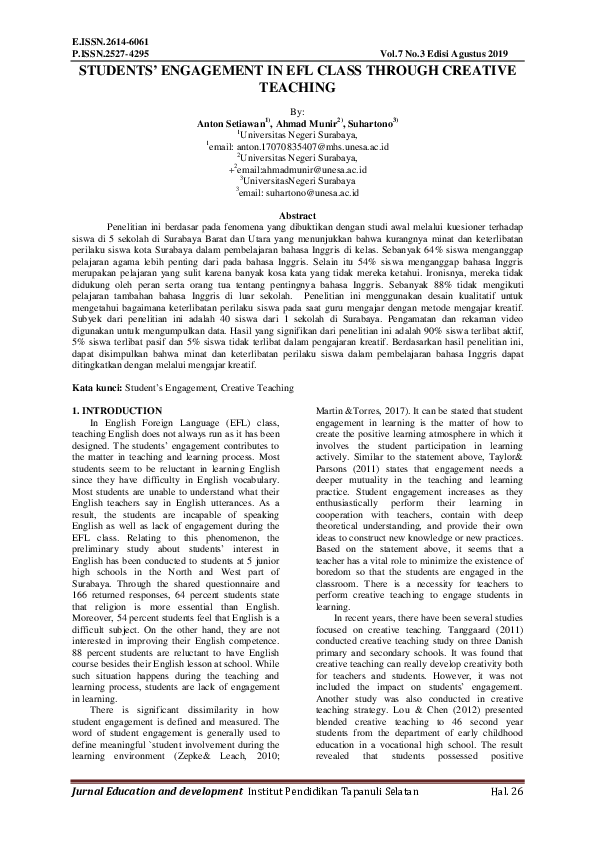 (PDF) Students' Engagement in Efl Class Through Creative Teaching