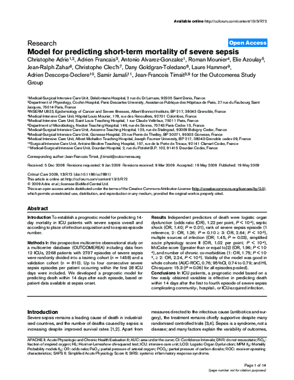 (PDF) Model for predicting short-term mortality of severe sepsis