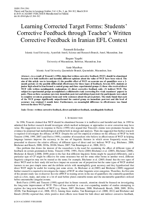(PDF) Learning Corrected Target Forms: Students’ Corrective Feedback ...