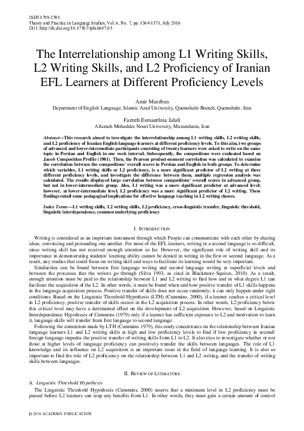 (PDF) The Interrelationship among L1 Writing Skills, L2 Writing Skills, and L2 Proficiency of ...