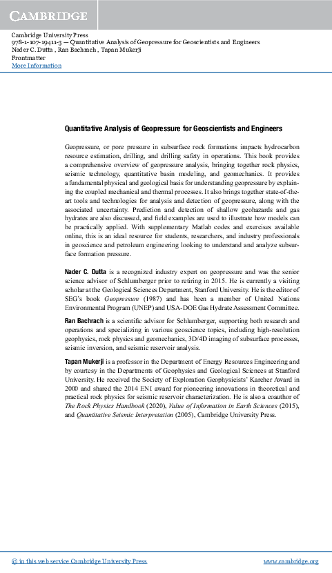 (PDF) Quantitative Analysis of Geopressure for Geoscientists and Engineers