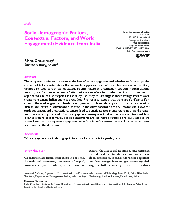 (PDF) Socio-demographic Factors, Contextual Factors, and Work Engagement: Evidence from India