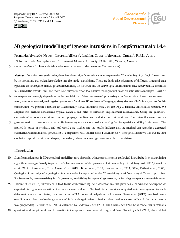 (PDF) 3D geological modelling of igneous intrusions in LoopStructural ...