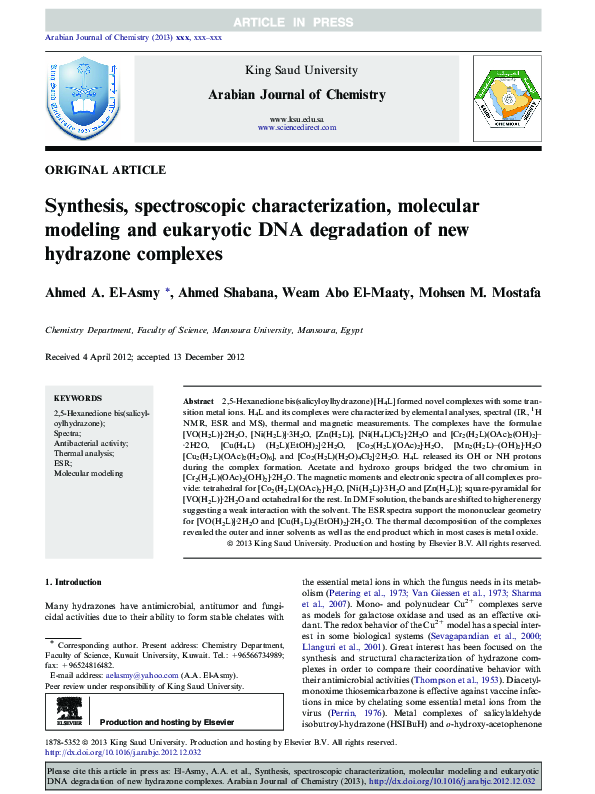 (PDF) Synthesis, spectroscopic characterization, molecular modeling and ...