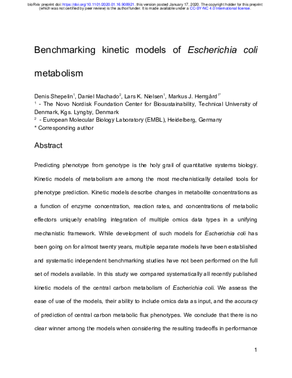 (PDF) Benchmarking kinetic models of Escherichia coli metabolism
