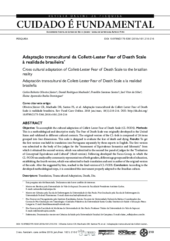 (PDF) Cross cultural adaptation of Collett-Lester Fear of Death Scale ...