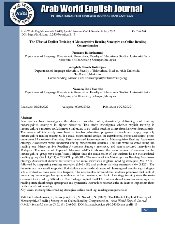 (PDF) The Effect of Explicit Training of Metacognitive Reading Strategies on Online Reading ...