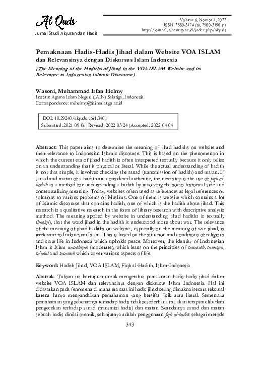(PDF) Pemaknaan Hadis-Hadis Jihad dalam Website VOA ISLAM dan ...