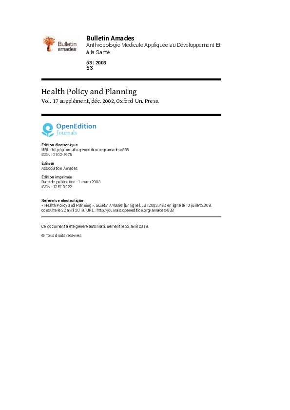 (PDF) Health Policy and Planning