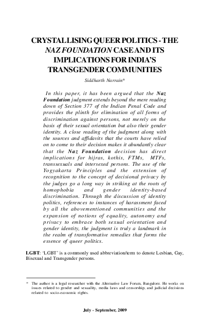 (PDF) Crystallising Queer Politics - the Naz Foundation Case and Its ...