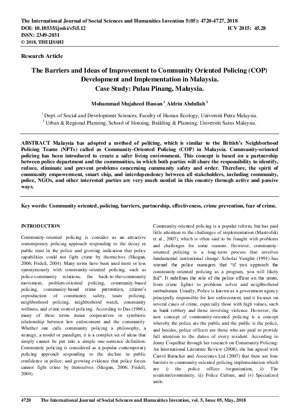Pdf The Barriers And Ideas Of Improvement To Community Oriented Policing Cop Development And