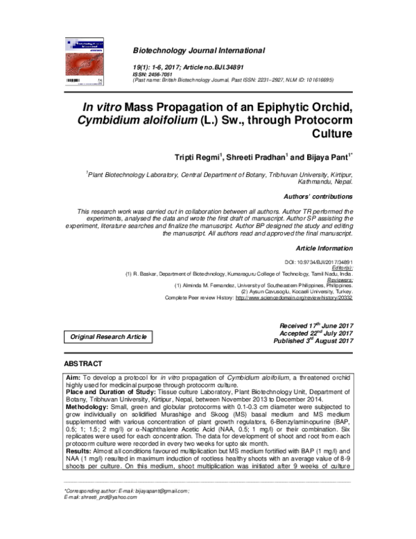 (PDF) In vitro Mass Propagation of an Epiphytic Orchid, Cymbidium ...
