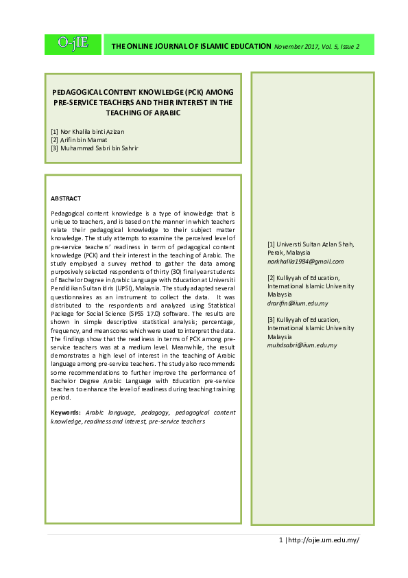 (PDF) Pedagogical Content Knowledge (PCK) Among Pre-Service Teachers ...