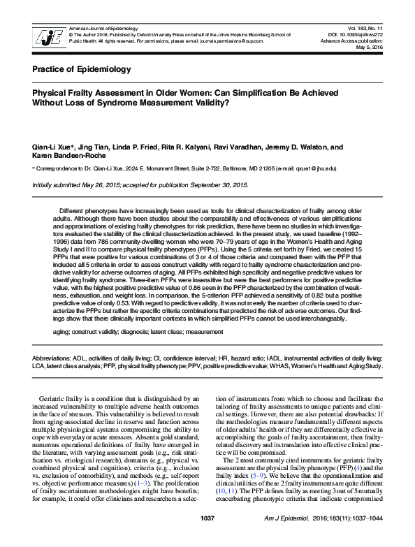(PDF) Physical Frailty Assessment in Older Women: Can Simplification Be ...