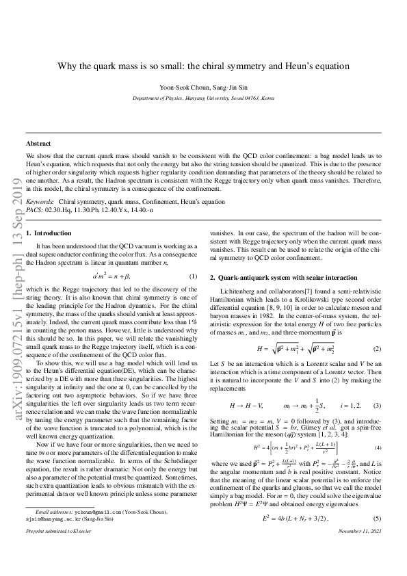 (PDF) Why the quark mass is so small: the chiral symmetry and Heun's ...