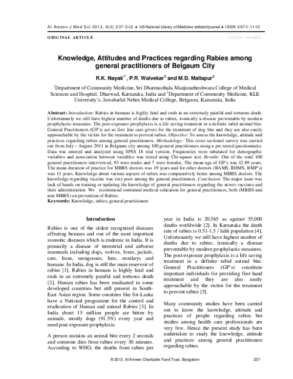 (PDF) Knowledge, Attitudes and Practices regarding Rabies among general practitioners of Belgaum ...