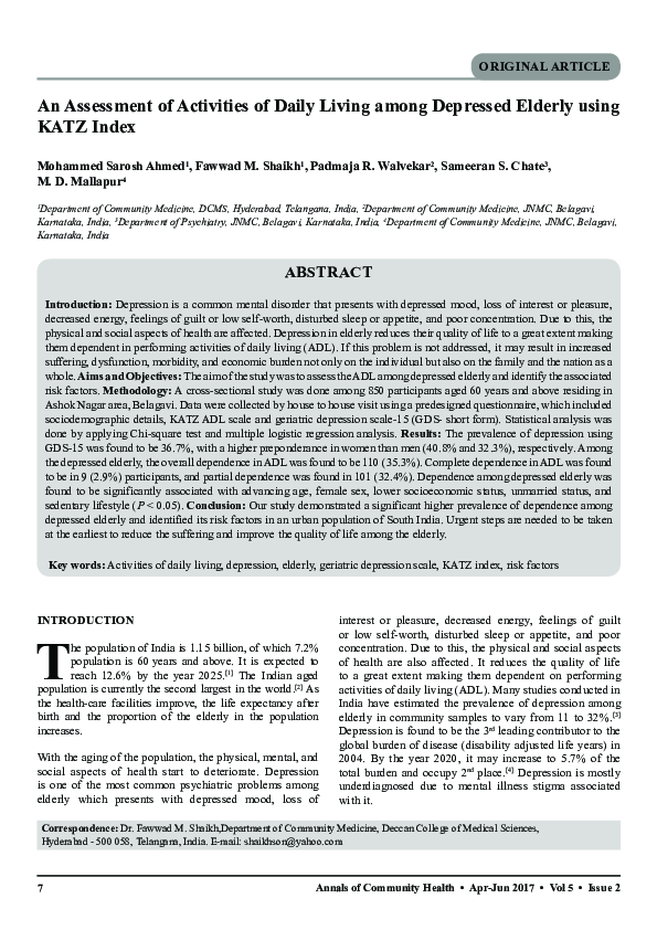 (PDF) An Assessment of Activities of Daily Living among Depressed ...