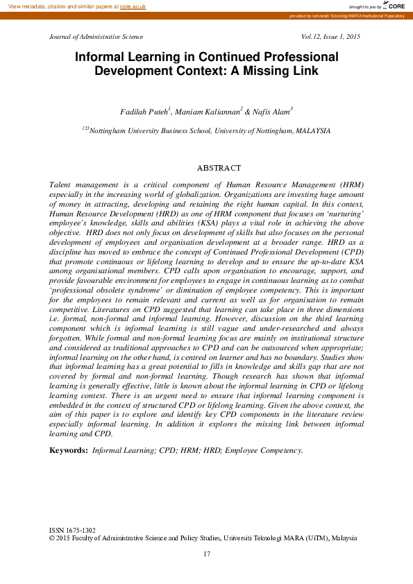 (PDF) Informal learning in continued professional development context : a missing link / Fadilah ...