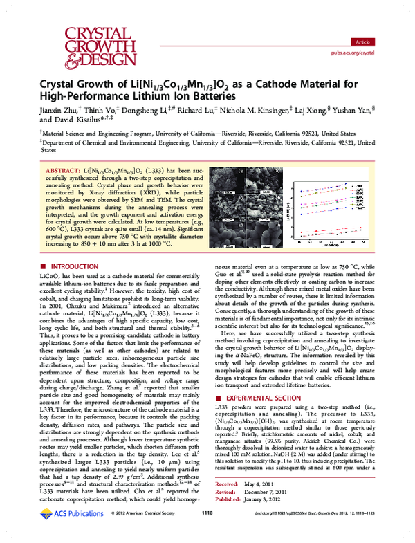(PDF) Crystal Growth of Li[Ni1/3Co1/3Mn1/3]O2 as a Cathode Material for High-Performance Lithium ...