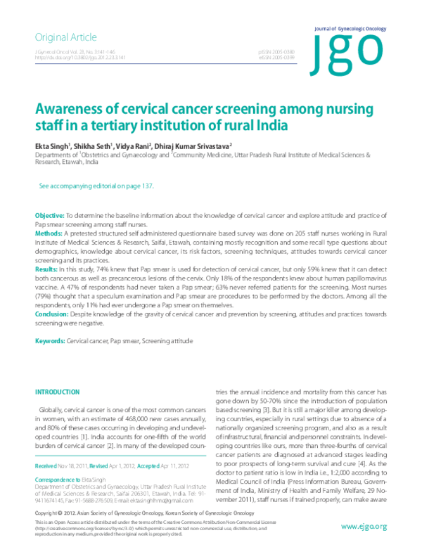 (PDF) Awareness of cervical cancer screening among nursing staff in a ...