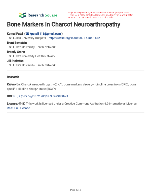 (PDF) Bone Markers in Charcot Neuroarthropathy | Brent Bernstein ...