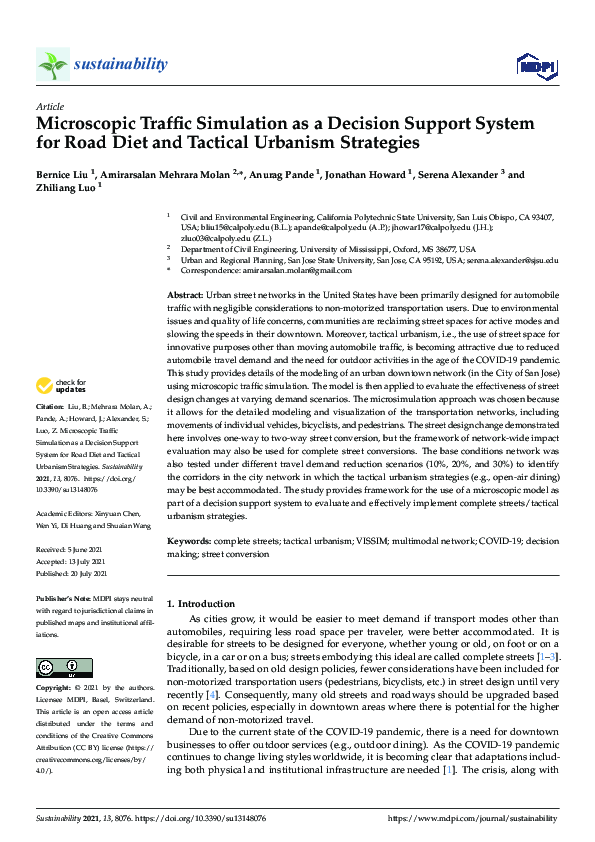 (PDF) Microscopic Traffic Simulation as a Decision Support System for Road Diet and Tactical ...