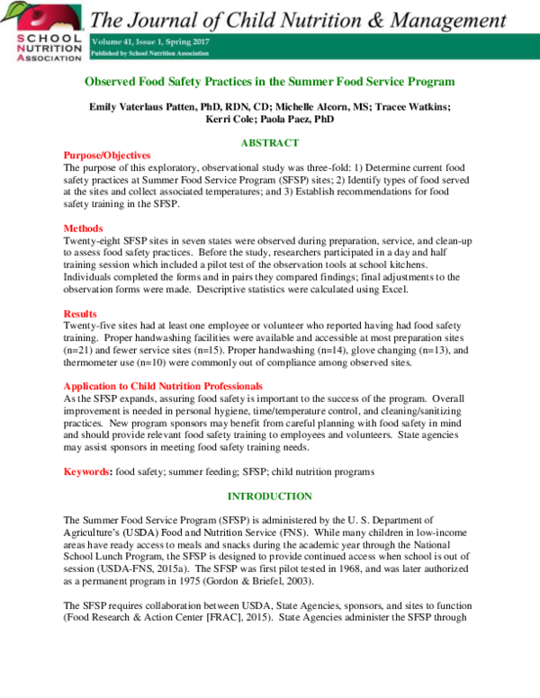 (PDF) Observed Food Safety Practices in the Summer Food Service Program