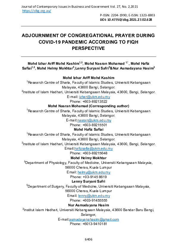 (PDF) Adjournment of Congregational Prayer During COVID-19 Pandemic According to Fiqh Perspective