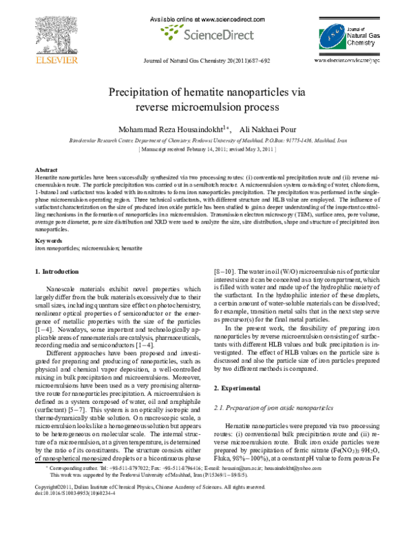 (PDF) Precipitation of hematite nanoparticles via reverse microemulsion process