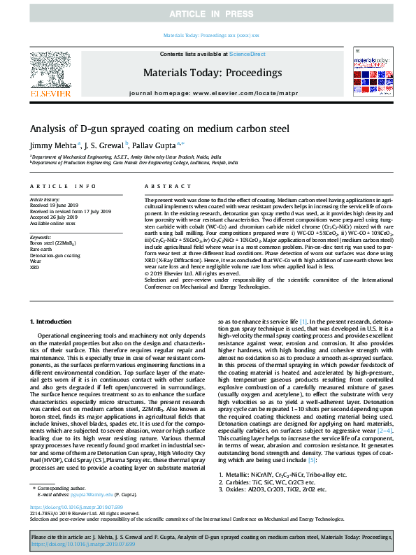 (PDF) Analysis of D-gun sprayed coating on medium carbon steel