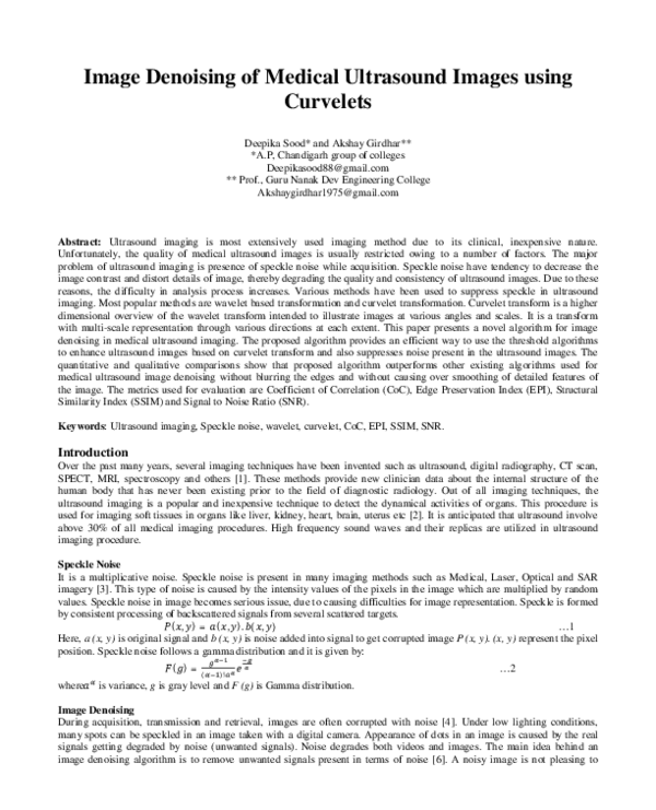 (PDF) Image Denoising of Medical Ultrasound Images using Curvelets