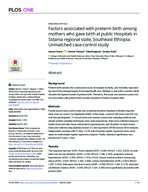 (PDF) Factors associated with preterm birth among mothers who gave ...