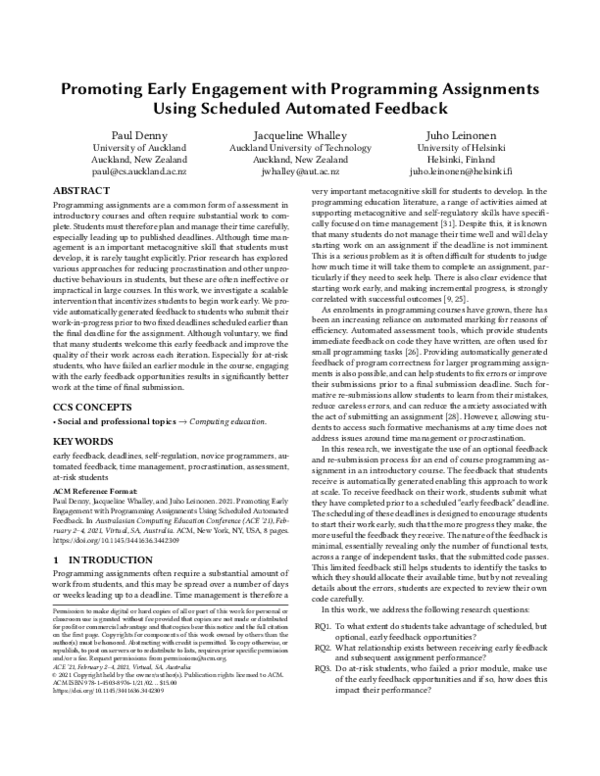 Pdf Promoting Early Engagement With Programming Assignments Using Scheduled Automated Feedback