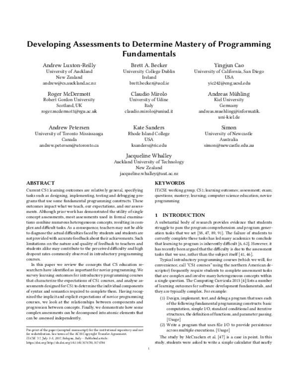 (PDF) Developing Assessments to Determine Mastery of Programming Fundamentals