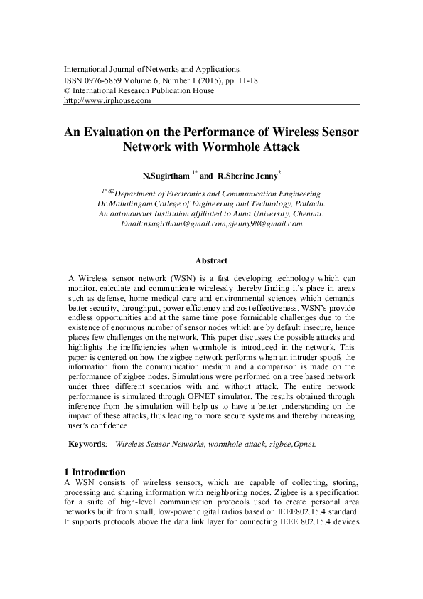 Pdf An Evaluation On The Performance Of Wireless Sensor Network With