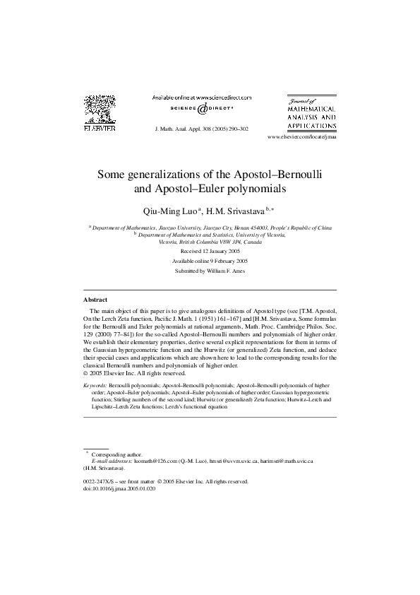 Pdf Some Generalizations Of The Apostol Bernoulli And Apostol Euler Polynomials