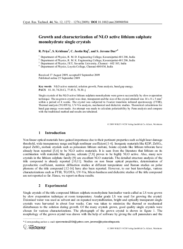 (PDF) Growth and characterization of NLO active lithium sulphate monohydrate single crystals