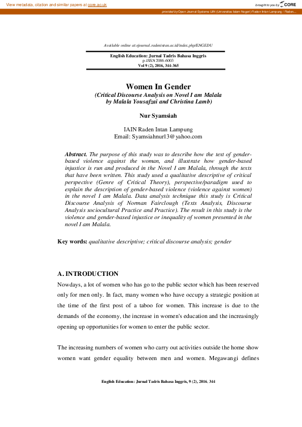(PDF) Women in Gender (Critical Discourse Analysis on Novel I Am Malala ...