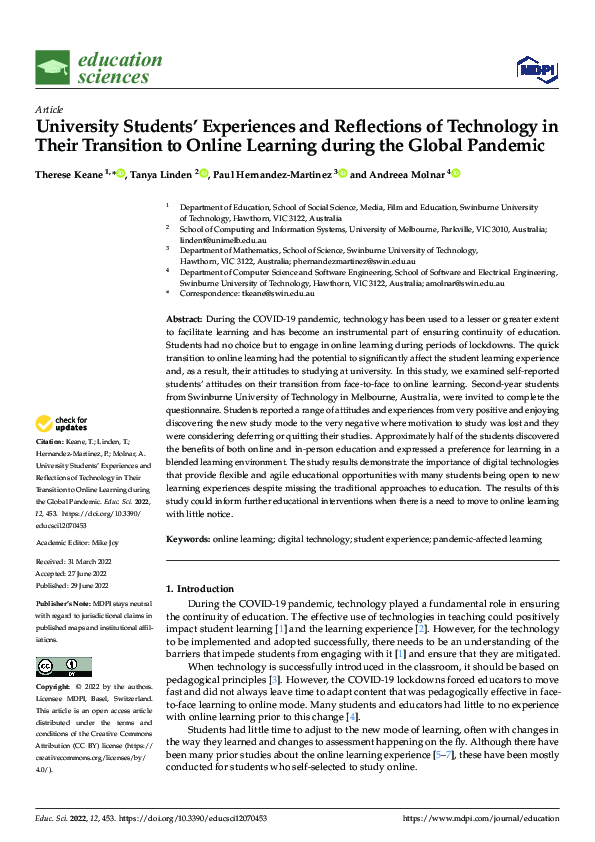 (PDF) University Students' Experiences and Reflections of Technology in ...