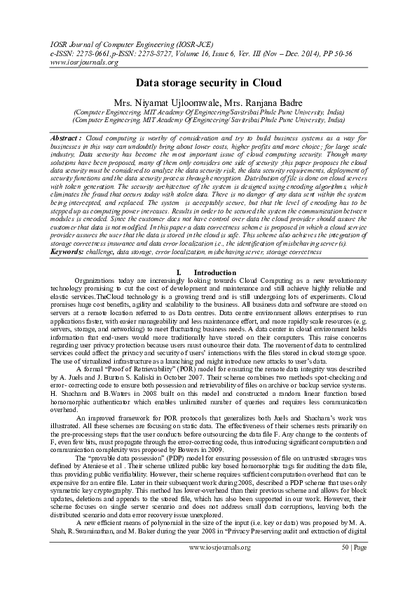 (PDF) Data storage security in Cloud | Ranjana Badre - Academia.edu