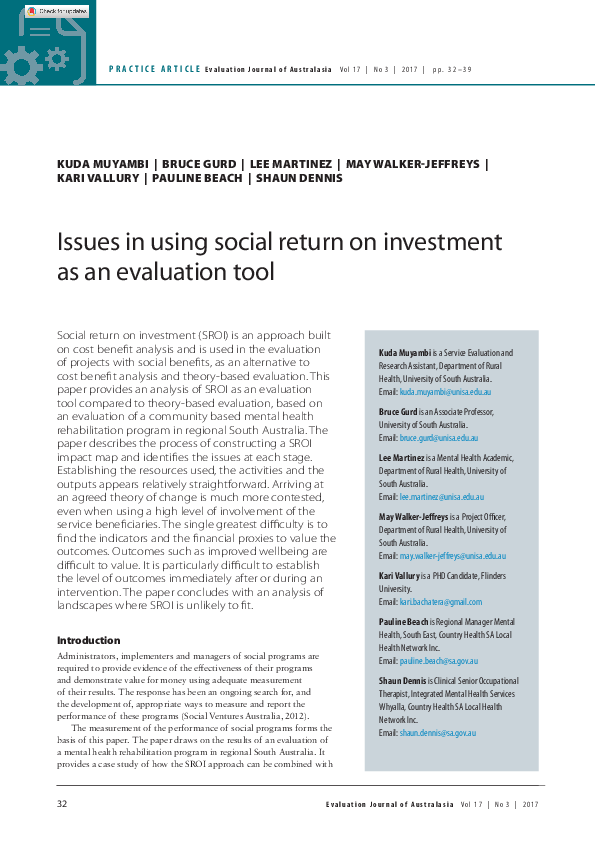 (PDF) Issues in Using Social Return on Investment as An Evaluation Tool