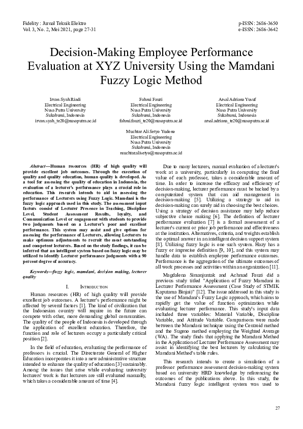 Pdf Decision Making Employee Performance Evaluation At Xyz University Using The Mamdani Fuzzy