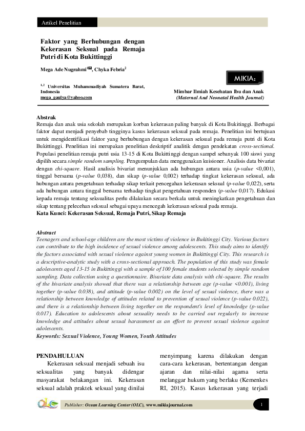 (PDF) Faktor Yang Berhubungan Dengan Kekerasan Seksual Pada Remaja Putri DI Kota Bukittinggi